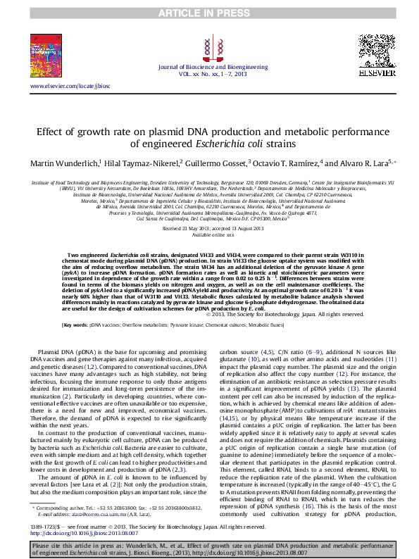 (PDF) Effect of growth rate on plasmid DNA production and metabolic performance of engineered ...