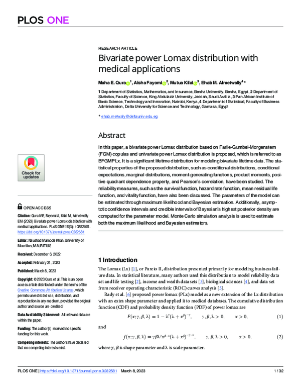 Pdf Bivariate Power Lomax Distribution With Medical Applications