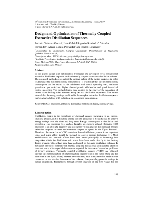 Pdf Design And Optimization Of Thermally Coupled Extractive Distillation Sequences Hector