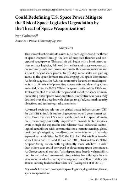 (PDF) Could Redefining US Space Power Mitigate the Risk of Space ...