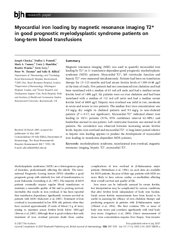 (PDF) Myocardial iron loading by magnetic resonance imaging T2* in good ...