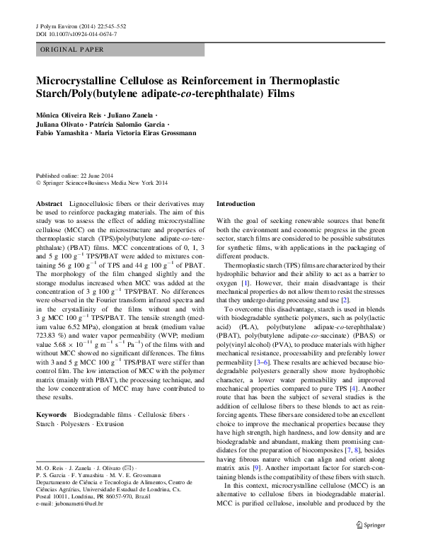 (PDF) Microcrystalline Cellulose as Reinforcement in Thermoplastic Starch/Poly(butylene adipate ...
