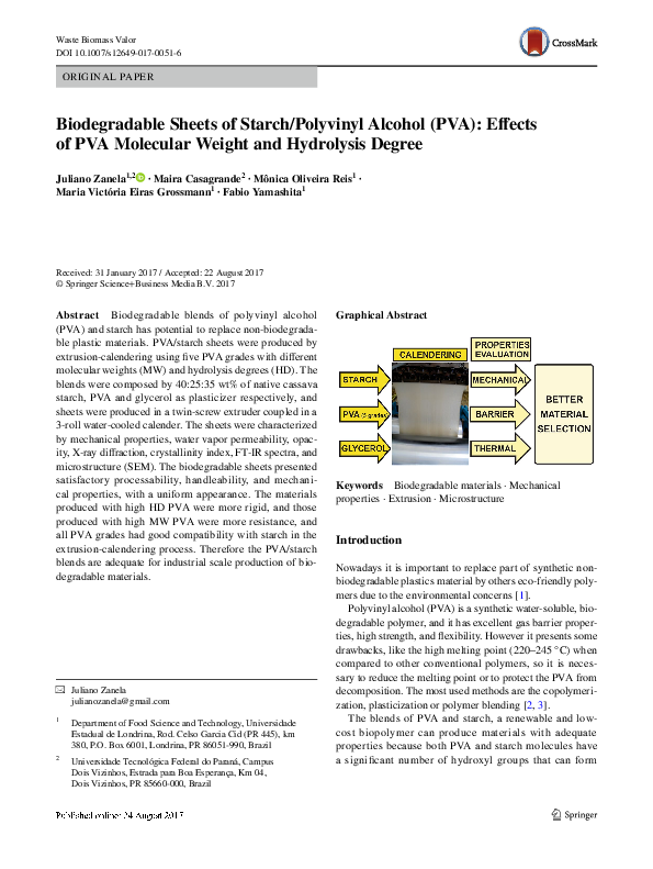 (PDF) Biodegradable Sheets of Starch/Polyvinyl Alcohol (PVA): Effects ...