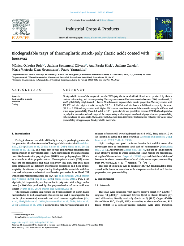 (PDF) Biodegradable trays of thermoplastic starch/poly (lactic acid) coated with beeswax