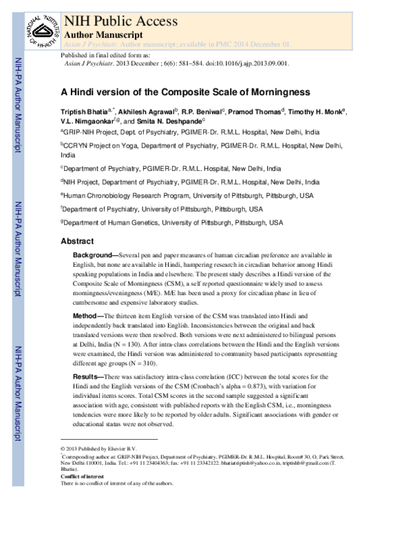 (PDF) A Hindi version of the Composite Scale of Morningness