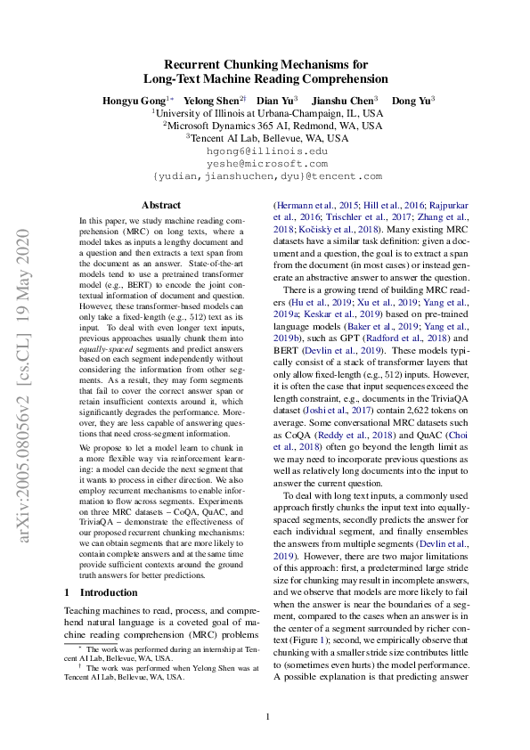 (PDF) Recurrent Chunking Mechanisms for Long-Text Machine Reading Comprehension
