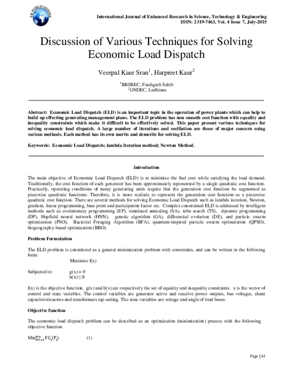 (PDF) Discussion of Various Techniques for Solving Economic Load Dispatch