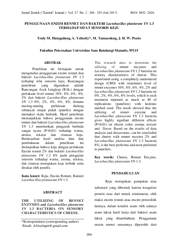 (PDF) PENGGUNAAN ENZIM RENNET DAN BAKTERI Lactobacillus plantarum YN 1. ...