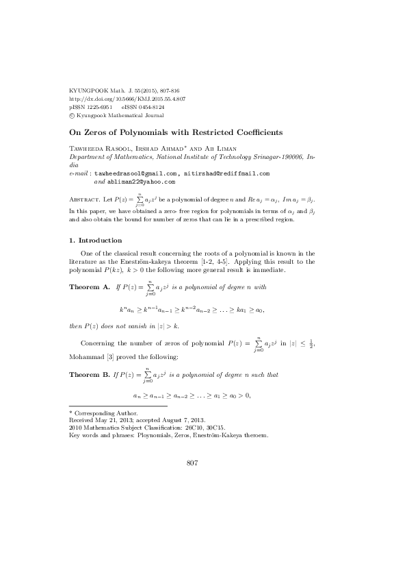 (PDF) On Zeros of Polynomials with Restricted Coefficients