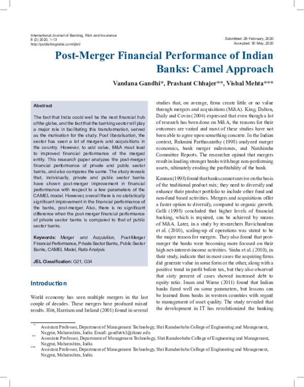 (PDF) Post-Merger Financial Performance of Indian Banks: Camel Approach
