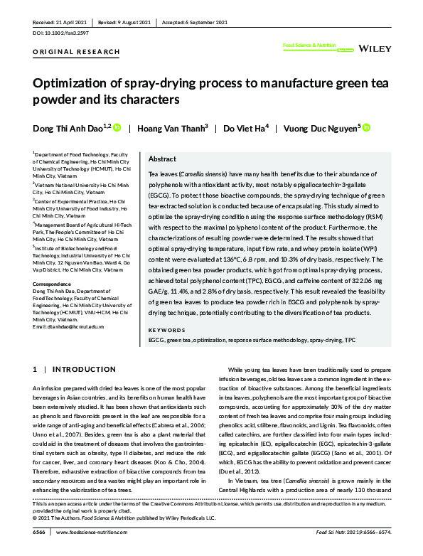 Pdf Optimization Of Spray‐drying Process To Manufacture Green Tea Powder And Its Characters