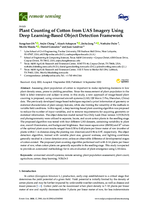 (PDF) Plant Counting of Cotton from UAS Imagery Using Deep Learning-Based Object Detection Framework