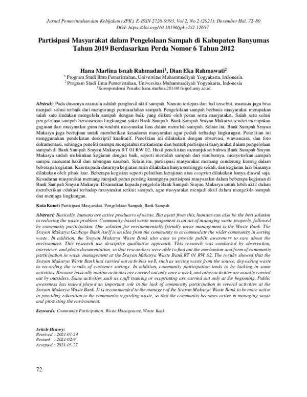 (PDF) Partisipasi Masyarakat dalam Pengelolaan Sampah di Kabupaten Banyumas Tahun 2019 ...