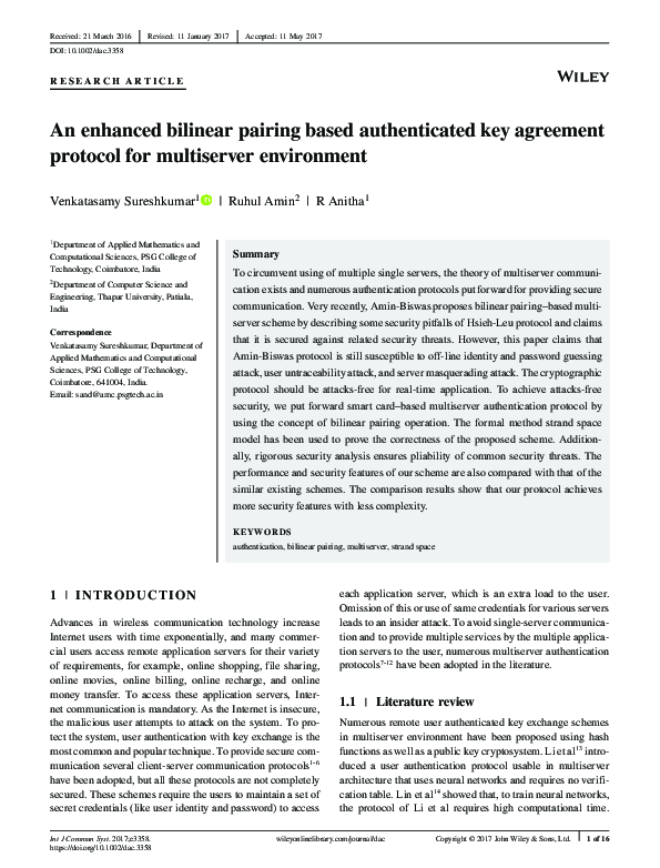 Pdf An Enhanced Bilinear Pairing Based Authenticated Key Agreement Protocol For Multiserver