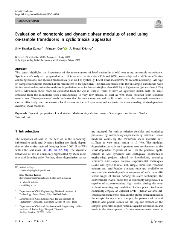 (PDF) Evaluation of monotonic and dynamic shear modulus of sand using on-sample transducers in ...