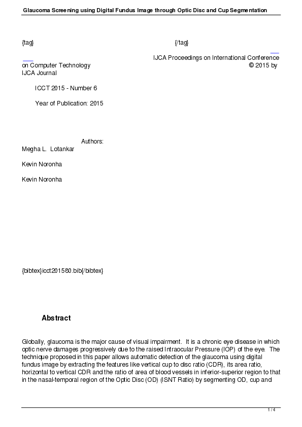 (PDF) Glaucoma Screening using Digital Fundus Image through Optic Disc and Cup Segmentation