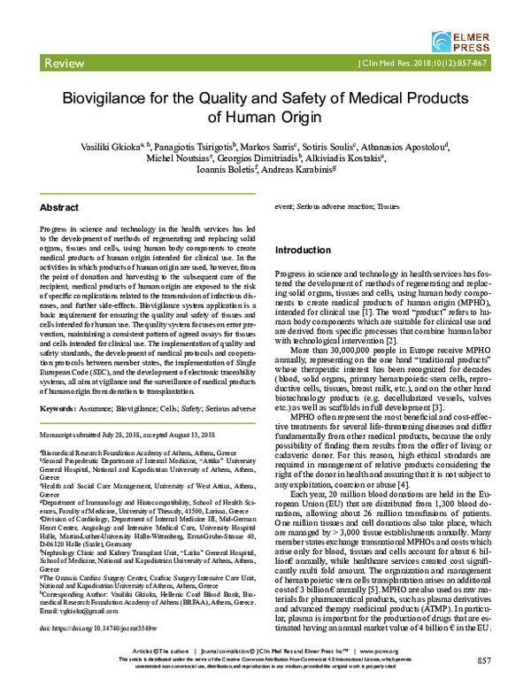 (PDF) Biovigilance for the Quality and Safety of Medical Products of ...
