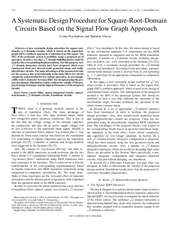 (PDF) A systematic design procedure for square-root-domain circuits based on the signal flow ...