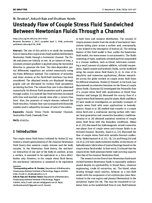 (PDF) Unsteady Flow of Couple Stress Fluid Sandwiched Between Newtonian ...