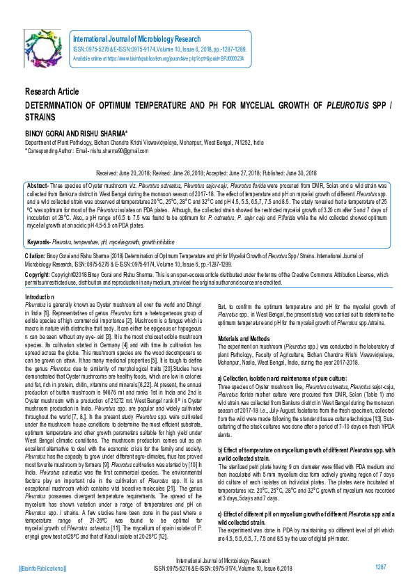 (PDF) Determination of Optimum Temperature and PH for Mycelial Growth of Pleurotus SPP / Strains