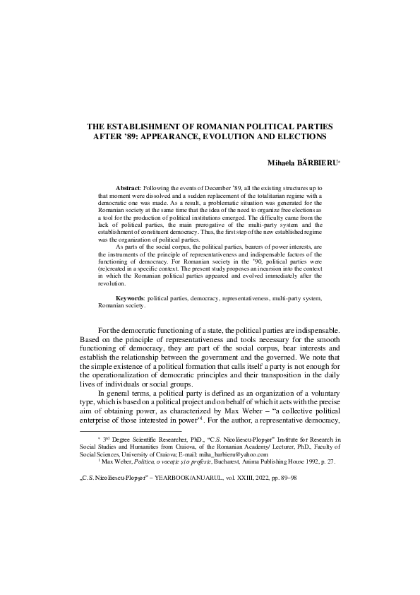 (PDF) The Establishment of Romanian Political Parties after ’89 ...