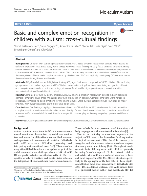 (PDF) Basic and complex emotion recognition in children with autism ...
