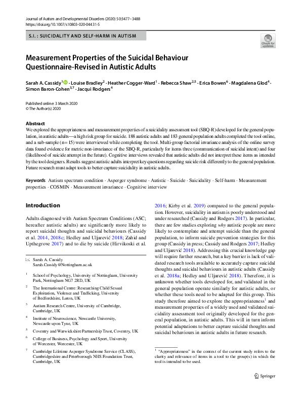 (PDF) Measurement Properties of the Suicidal Behaviour Questionnaire ...