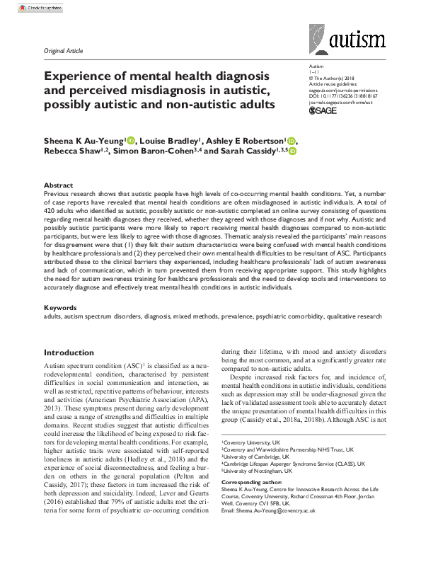 (PDF) Experience of mental health diagnosis and perceived misdiagnosis in autistic, possibly ...
