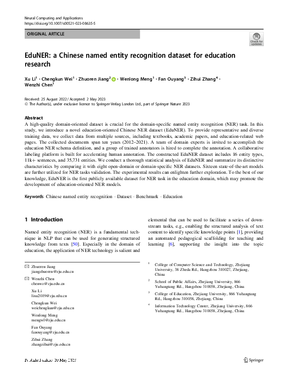 (PDF) EduNER: a Chinese named entity recognition dataset for education ... (PDF) EduNER: a Chinese named entity recognition dataset for education ...