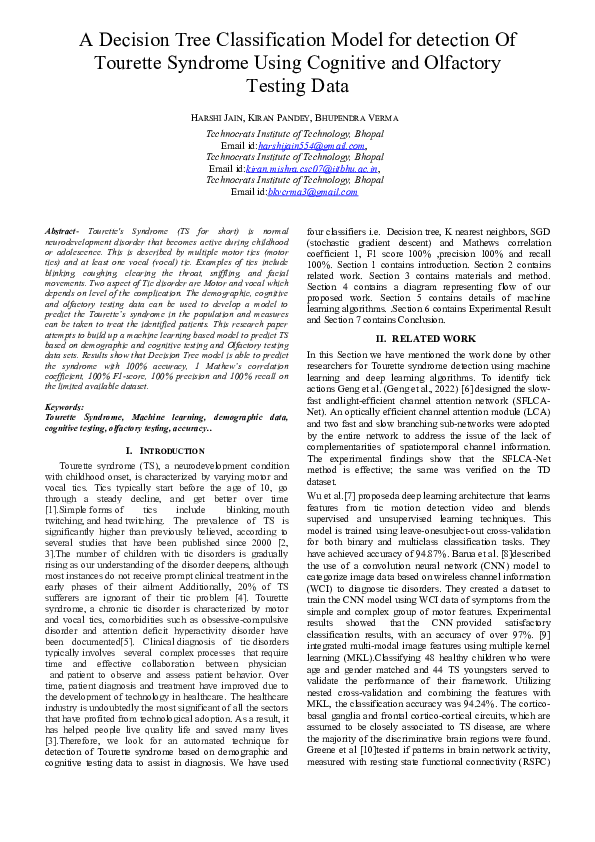 Doc A Decision Tree Classification Model For Detection Of Tourette
