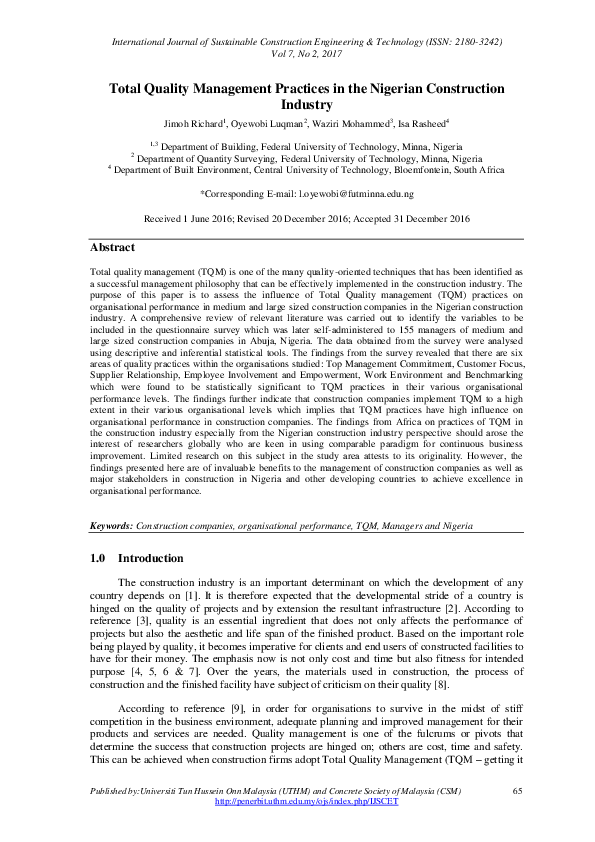 (PDF) Total Quality Management Practices in the Nigerian Construction Industry