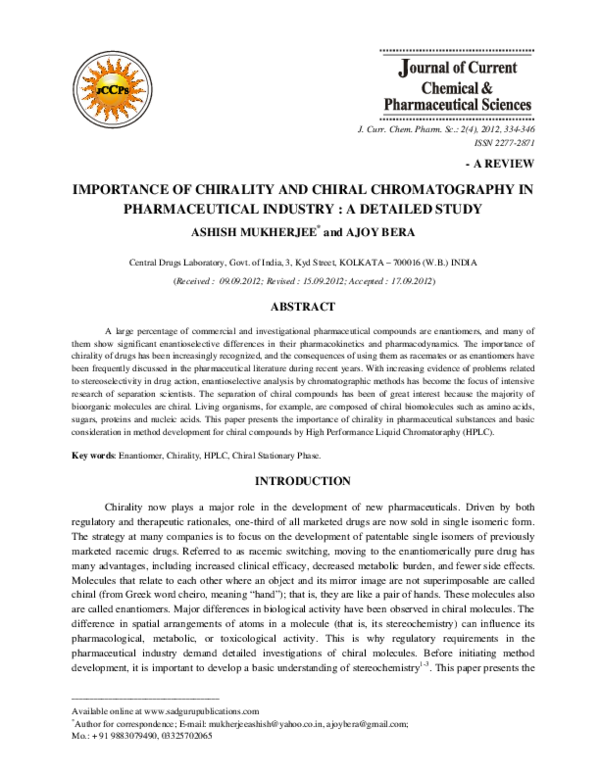 (PDF) Importance of Chirality and Chiral Chromatography in ...