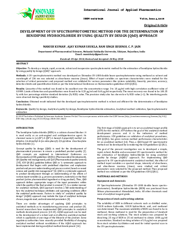 Pdf Development Of Uv Spectrophotometric Method For The Determination Of Benidipine