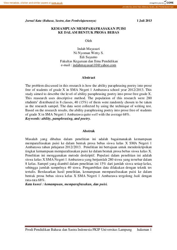 (PDF) Kemampuan Memparafrasakan Puisi Ke Dalam Bentuk Prosa Bebas