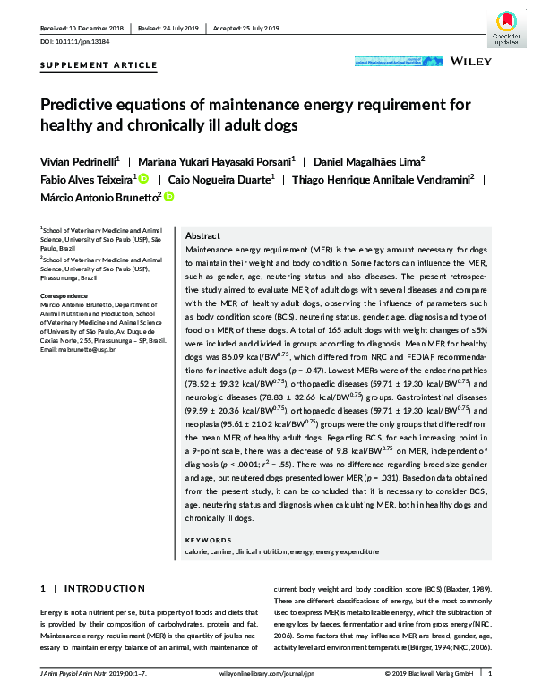 (PDF) Predictive equations of maintenance energy requirement for ...