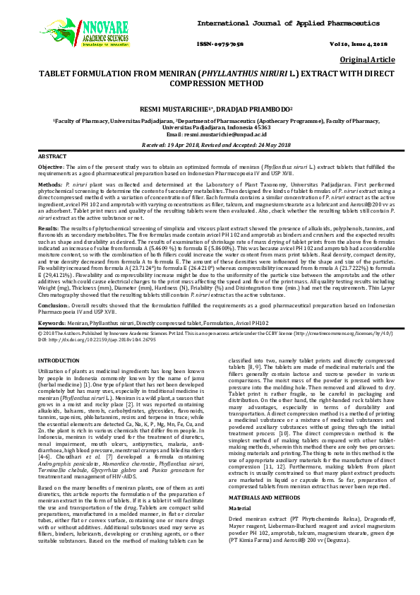 (PDF) TABLET FORMULATION FROM MENIRAN (PHYLLANTHUS NIRURI L.) EXTRACT ...
