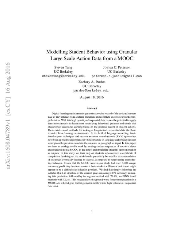 (PDF) Modelling Student Behavior using Granular Large Scale Action Data from a MOOC