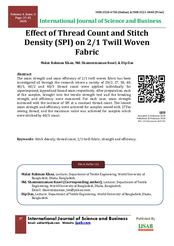 (PDF) Effect of Thread Count and Stitch Density (SPI) on 2/1 Twill ...