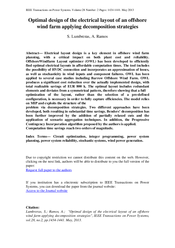 (PDF) Optimizing Electrical Layouts of Offshore Wind Farms