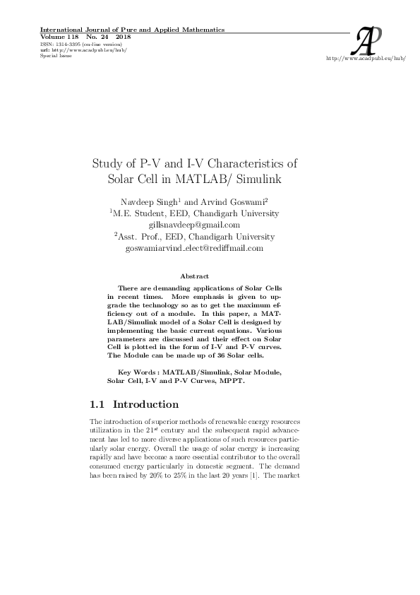 (PDF) Study of P-V and I-V Characteristics of Solar Cell in MATLAB/ Simulink | Arvind goswami ...