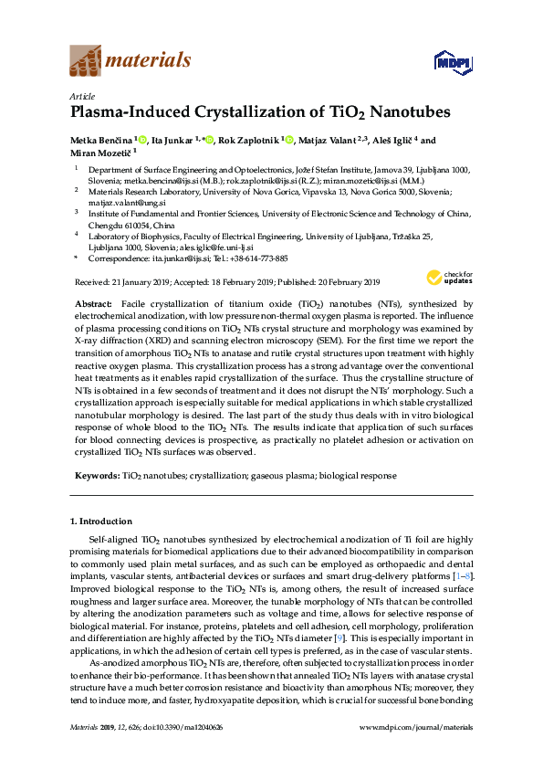 (PDF) Plasma-Induced Crystallization of TiO2 Nanotubes