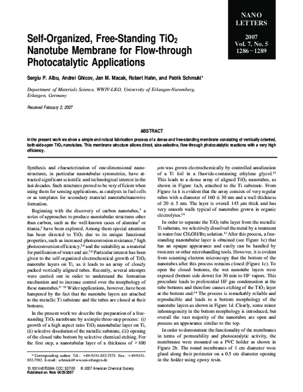 (PDF) Self-Organized, Free-Standing TiO2 Nanotube Membrane for Flow-through Photocatalytic ...
