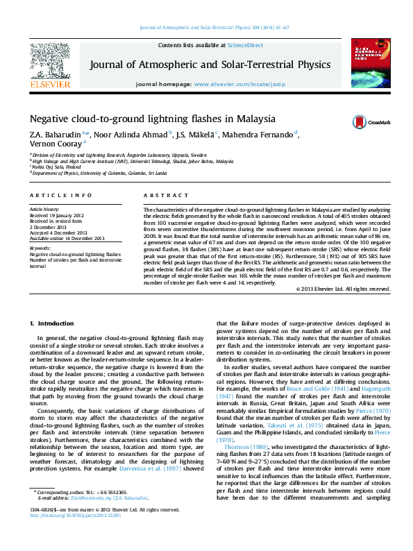 (PDF) Negative cloud-to-ground lightning flashes in Malaysia | Mahendra ...