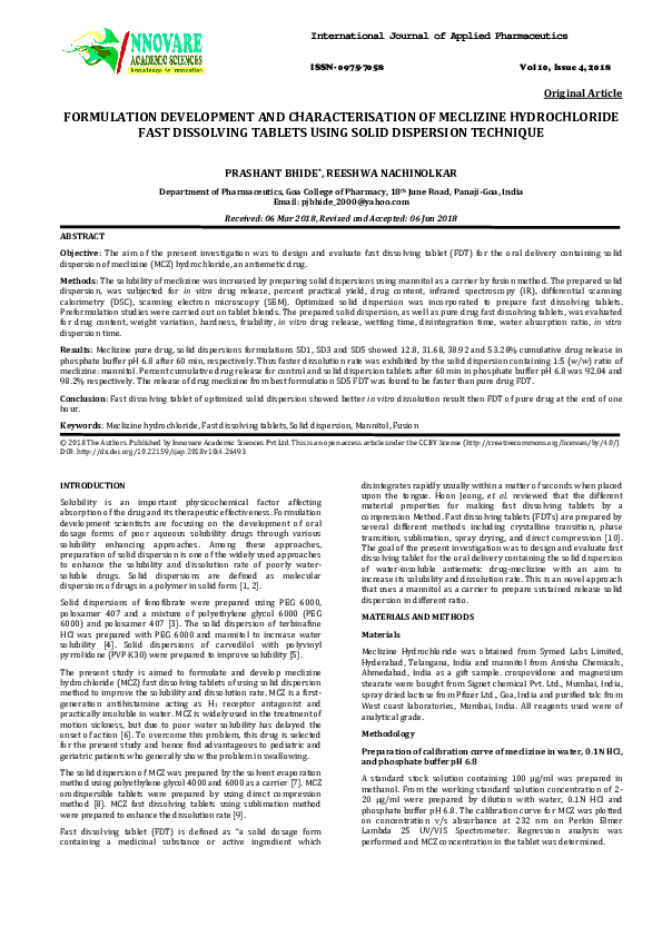 Pdf Formulation Development And Characterisation Of Meclizine Hydrochloride Fast Dissolving