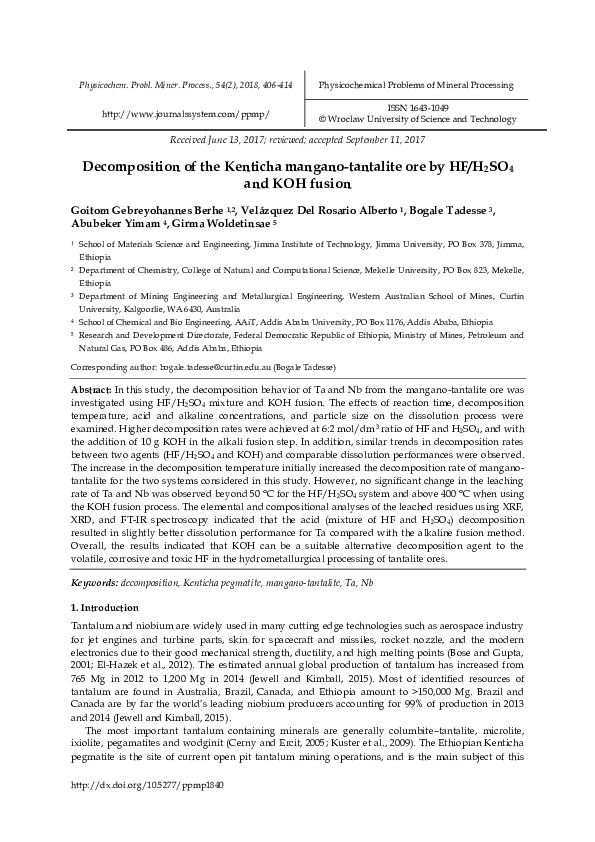 Decomposition of the Kenticha mangano-tantalite ore by HF/H2SO4 and KOH ...