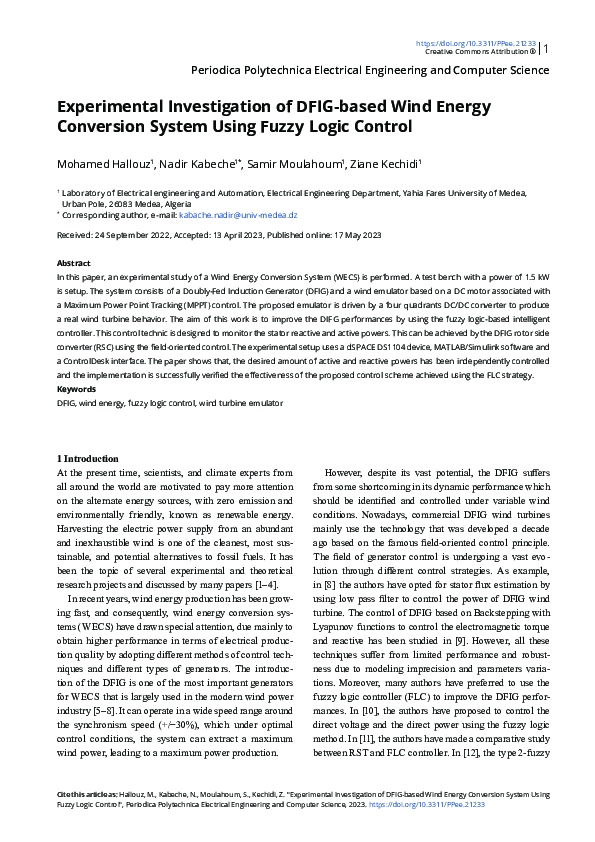 (PDF) Experimental Investigation of DFIG-based Wind Energy Conversion System Using Fuzzy Logic ...