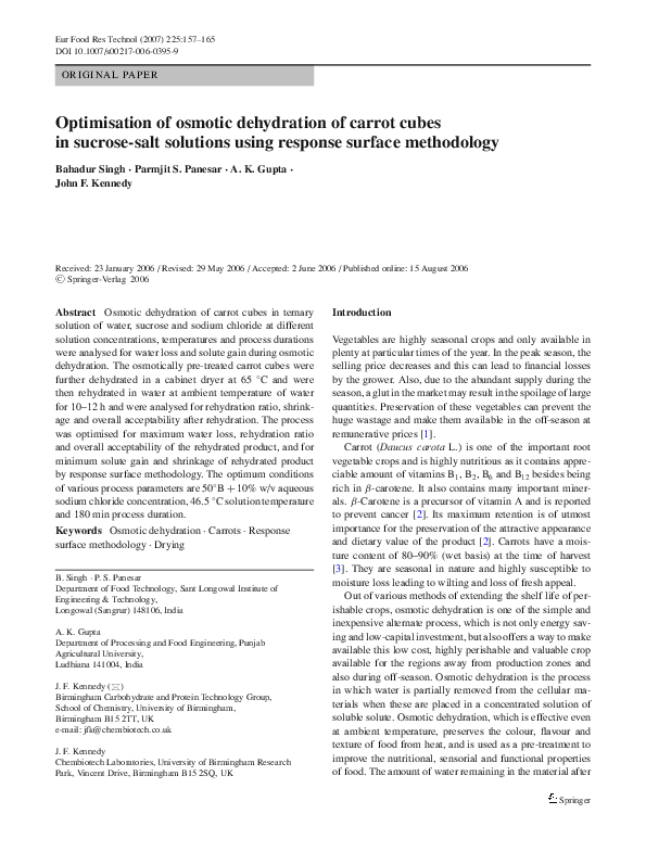(PDF) Optimisation of osmotic dehydration of carrot cubes in sucrose-salt solutions using ...