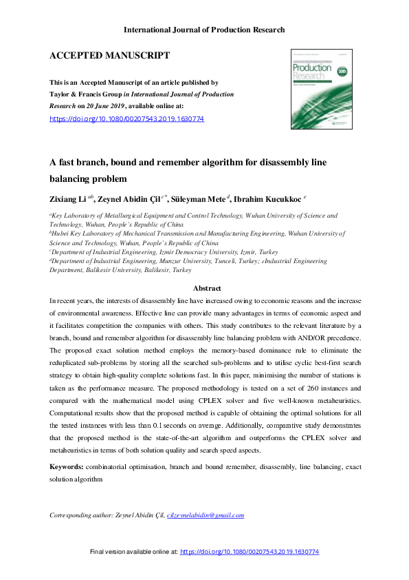 Pdf A Fast Branch Bound And Remember Algorithm For Disassembly Line Balancing Problem