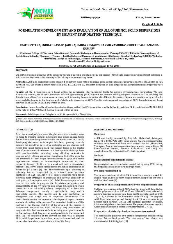 Pdf Formulation Development And Evaluation Of Allopurinol Solid Dispersions By Solvent
