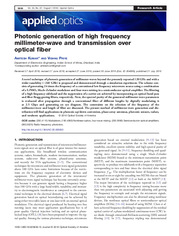 (PDF) Photonic generation of high frequency millimeter-wave and ...